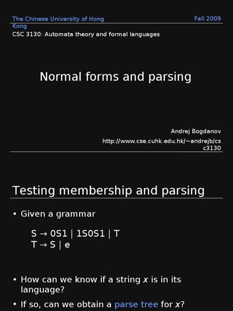 normal forms and parsing csc 3130 automata theory and formal languages pdf syntax logic