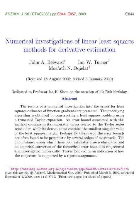 pdf numerical investigations of linear least squares methods for derivative estimation
