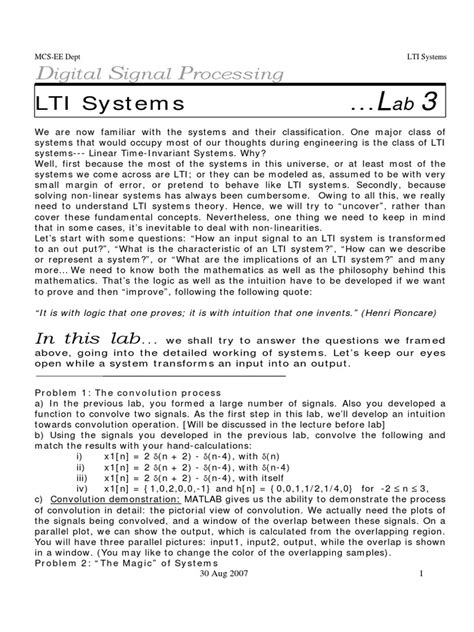 understanding linear time invariant systems through matlab experiments and derivation of system