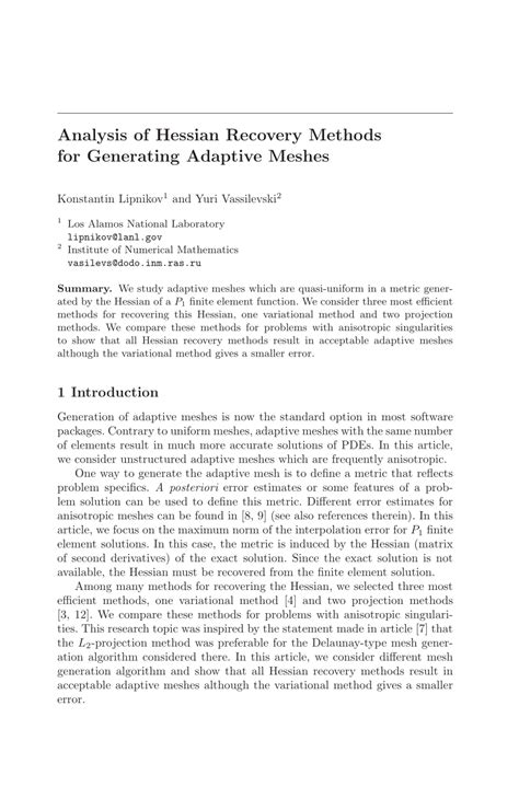 pdf analysis of hessian recovery methods for generating adaptive meshes