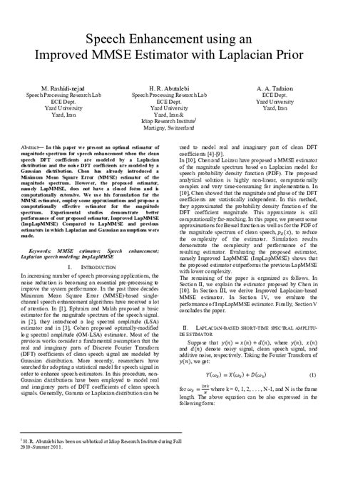 pdf speech enhancement using an improved mmse estimator with laplacian prior hamid reza