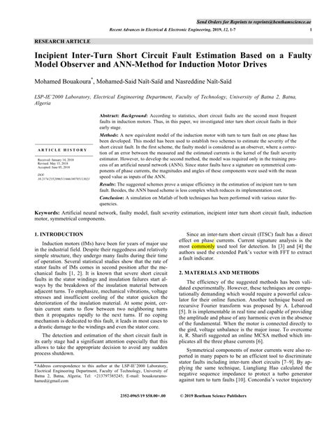 pdf incipient inter turn short circuit fault estimation based on a faulty model observer and