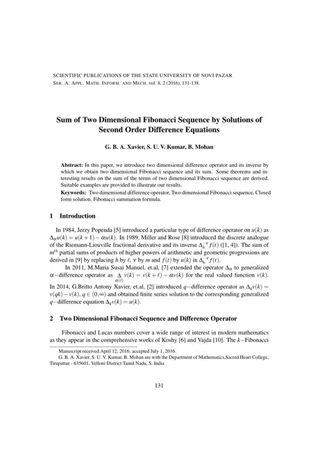 pdf sum of two dimensional fibonacci sequence by solutions of second order difference equations