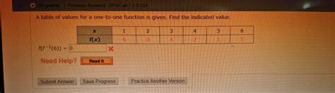solved a table of values for a one to one function is given
