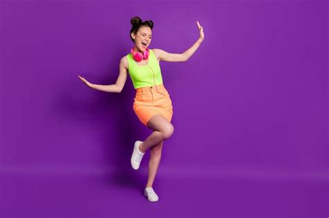 Premium Photo Full Length Body Size View Of Pretty Slim Glad Cheerful Girl Dancing Listening