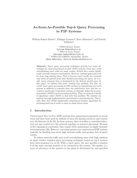 pdf as soon as possible top k query processing in p2p systems
