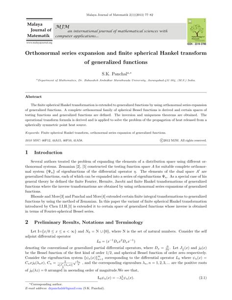 pdf orthonormal series expansion and finite spherical hankel transform of generalized functions