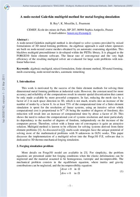 pdf a node nested galerkin multigrid method for metal forging simulation lionel fourment