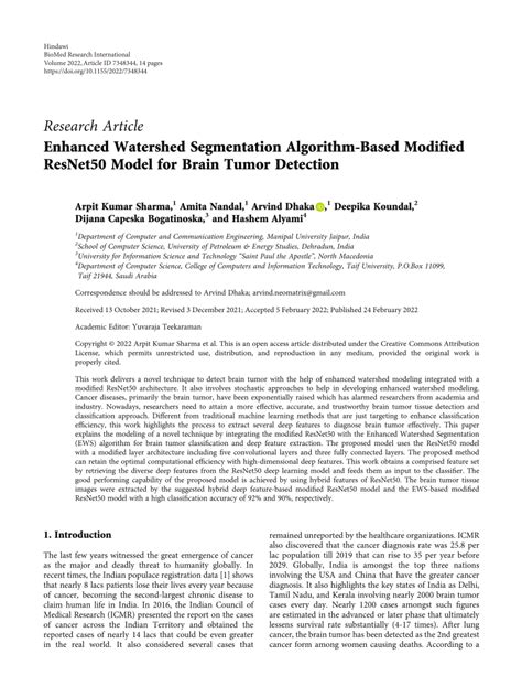 pdf enhanced watershed segmentation algorithm based modified resnet50 model for brain tumor