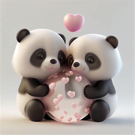 Premium Photo Cute Panda Bear Couple In Love With Hearts 3d Render Cartoon Illustration