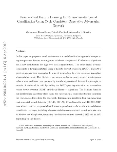 pdf unsupervised feature learning for environmental sound classification using cycle