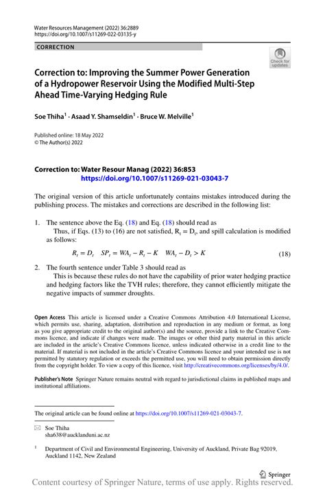 pdf correction to improving the summer power generation of a hydropower reservoir using the