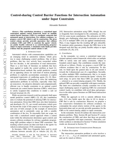 pdf control sharing control barrier functions for intersection automation under input constraints