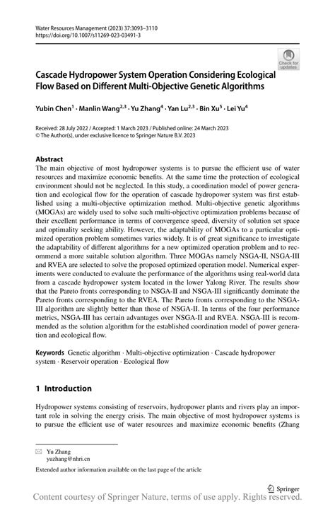 cascade hydropower system operation considering ecological flow based on different multi
