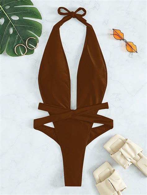 Shein Swim Bae Plain Plunging Neck Backless Halter One Piece Swimsuit Shein Usa