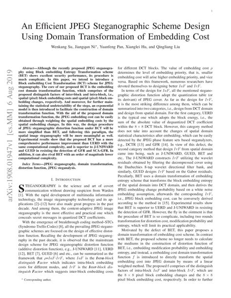 an efficient jpeg steganographic scheme design using domain transformation of embedding cost