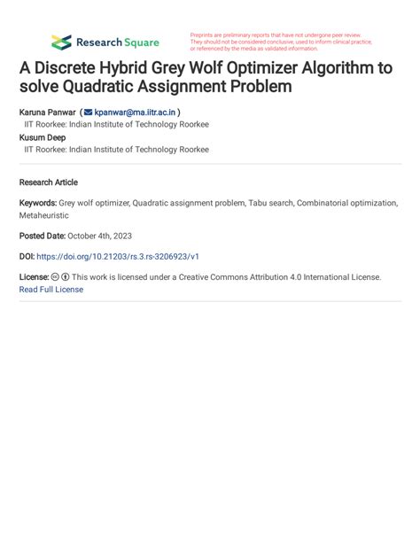 pdf a discrete hybrid grey wolf optimizer algorithm to solve quadratic assignment problem