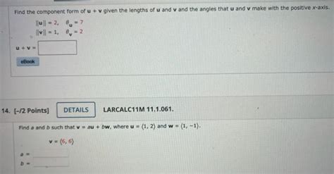 solved find the component form of u v given the lengths of