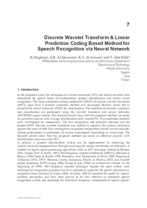 pdf discrete wavelet transform and linear prediction coding based method for speech recognition