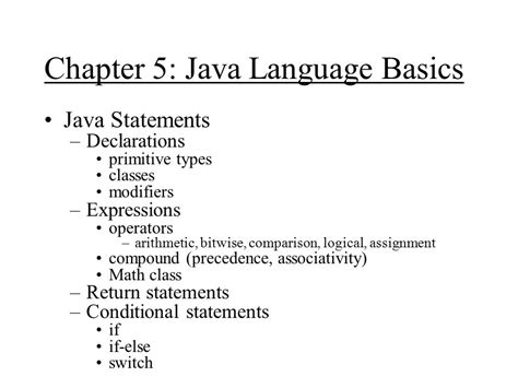 chapter 5 java language basics java statements declarations primitive types classes modifiers