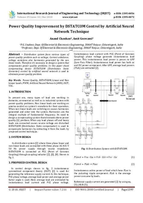 pdf irjet power quality improvement by dstatcom control by artificial neural network technique