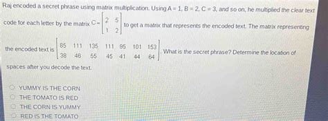 solved raj encoded a secret phrase using matrix multiplication using a 1 b 2 c 3 and so on