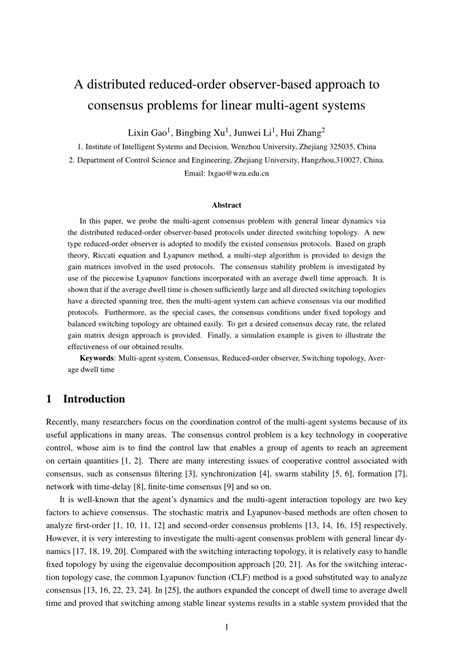 pdf distributed reduced order observer based approach to consensus problems for linear multi