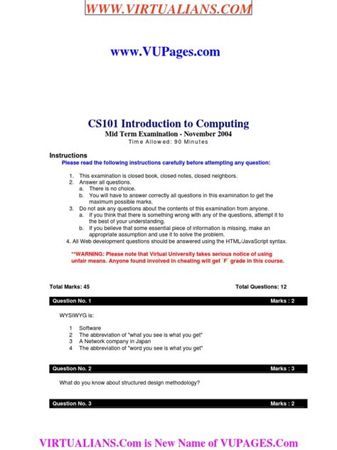 cs101 introduction to computing mid term examination november 2004 pdf test assessment