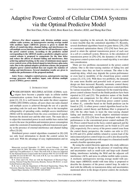 pdf adaptive power control of cellular cdma systems via the optimal predictive model