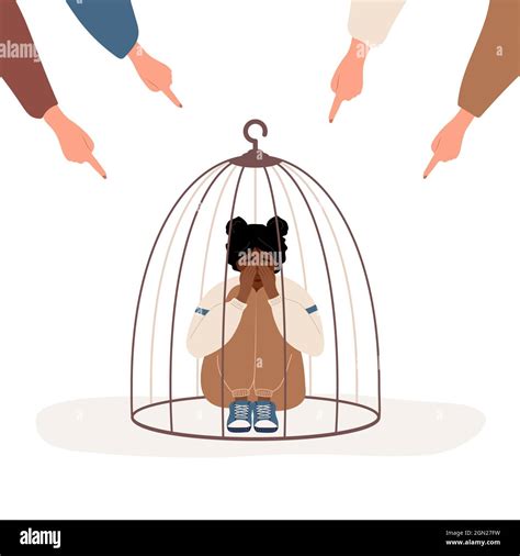 Girl Locked In Cage Fingers Pointing On Sad African Woman Depressed Teenager Hugging Knees And