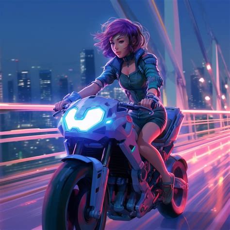 Chica De Anime Montando Una Motocicleta En Un Puente Por La Noche Ai