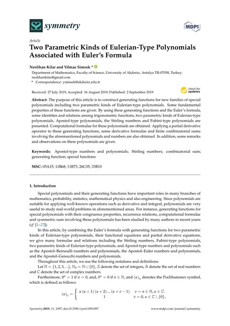 pdf two parametric kinds of eulerian type polynomials associated with euler s formula