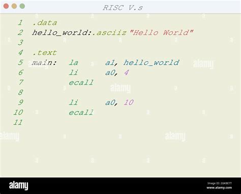 risc v language hello world program sample in editor window illustration stock vector image