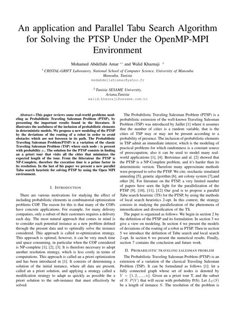 pdf an application and parallel tabu search algorithm for solving the ptsp under the openmp