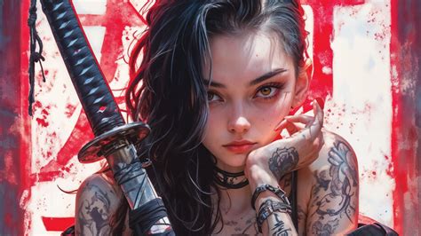 A Anime Girl Katana Sword With Tattoo K Wallpaper Iphone Phone