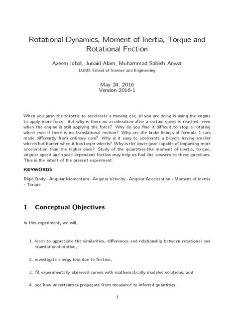 rotational dynamics moment of inertia torque and rotational friction pdf rotation around a