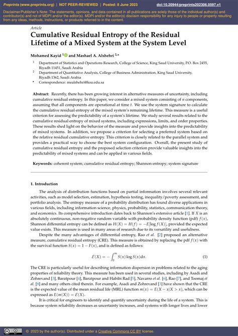 pdf cumulative residual entropy of the residual lifetime of a mixed system at the system level