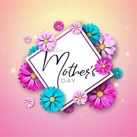 Free Vector Happy Mothers Day Greeting Card Design With Flower And Typography Letter On Blue