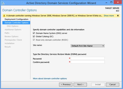 install a replica windows server 2012 domain controller in an existing domain level 200