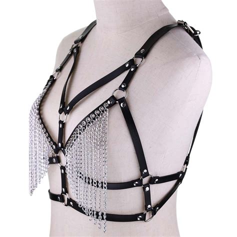 2020 Leather Body Harness Bra Metal Chain Bondage Lingerie Harnesses For Women Pink Adjust Punk