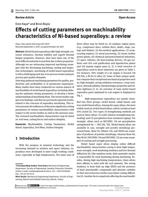 pdf effects of cutting parameters on machinability characteristics of ni based superalloys a