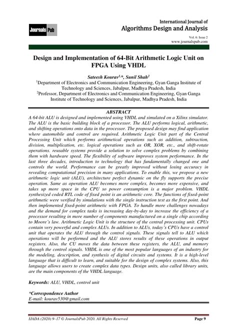 pdf design and implementation of 64 bit arithmetic logic unit on fpga using vhdl design and
