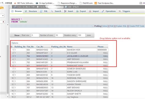 php phpmyadmin table query field unable to see edit drop option stack overflow