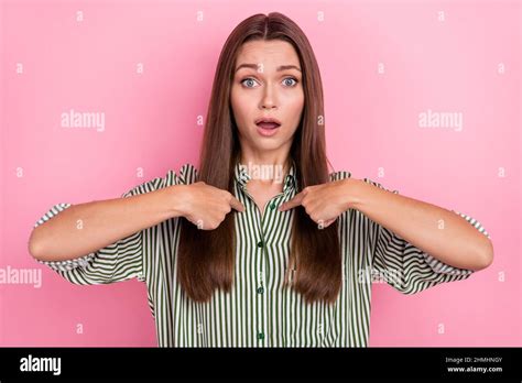 Photo Of Speechless Lady Direct Fingers Herself Accusation Reaction Wear Striped Green Shirt