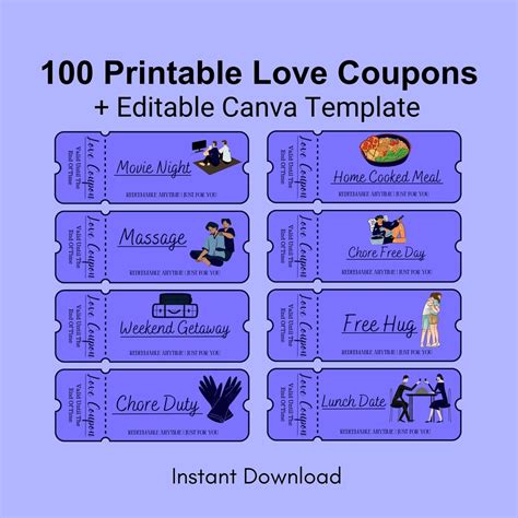 100 Printable Love Coupons For Him And Her Couple Coupons Valentines Day T Romantic