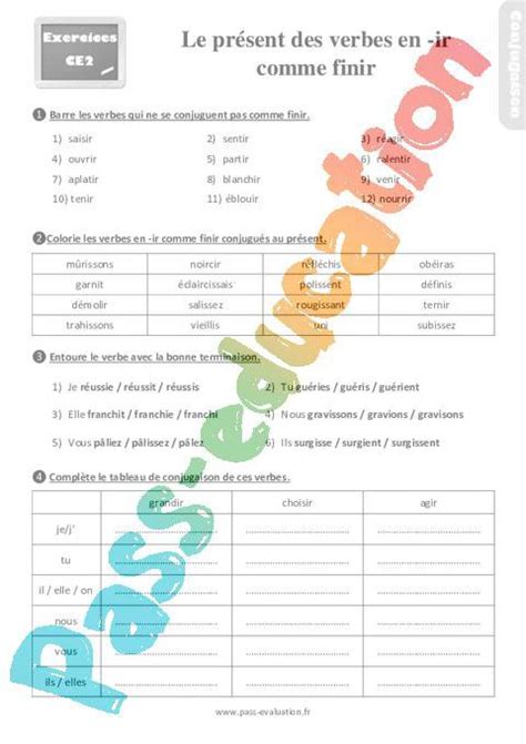 Evaluation avec le corrigé pour le Ce2 Les verbes en ir comme finir