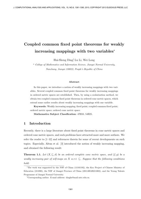 pdf coupled common fixed point theorems for weakly increasing mappings with two variables