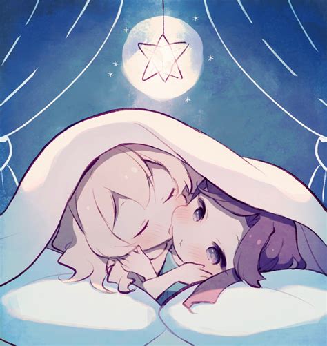 Safebooru 2girls T Bangs Bed Blanket Blonde Hair Blue Background Blue Shirt Blush Brown Hair