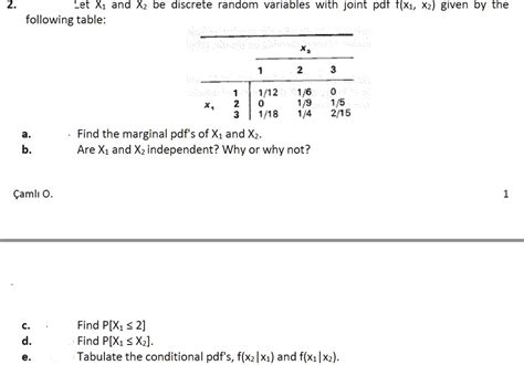 let x1 and x2 be discrete random variables with joint pdf f x1 x2 given by the following table