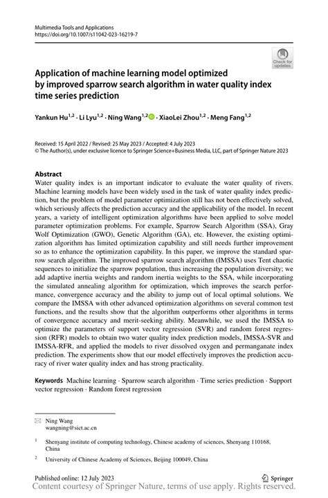 application of machine learning model optimized by improved sparrow search algorithm in water